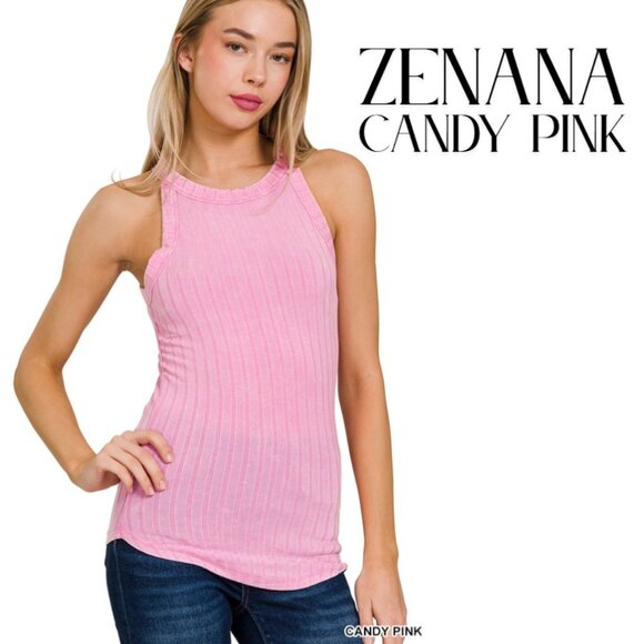 Zenana Outfitters | Tops | 8453 Zenana Candy Pink Halter Acid Washed ...